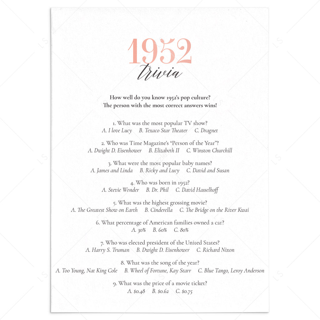 1952 Trivia Questions and Answers Printable | Modern Blush – LittleSizzle