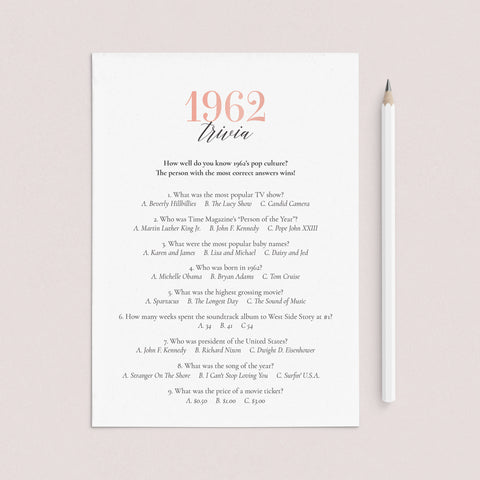 1962 Trivia Questions with Answers Printable | Instant Download ...