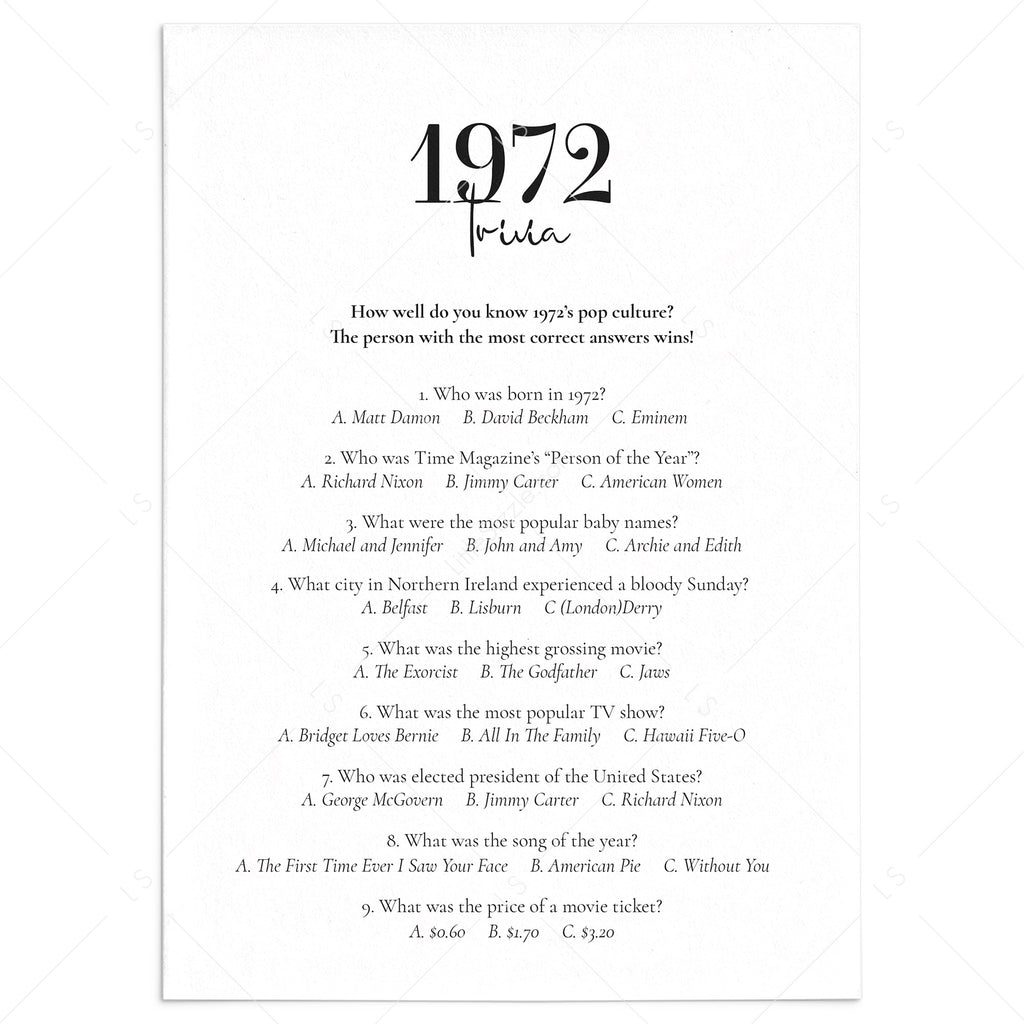 1972 Trivia Questions and Answers Printable | Instant Download ...