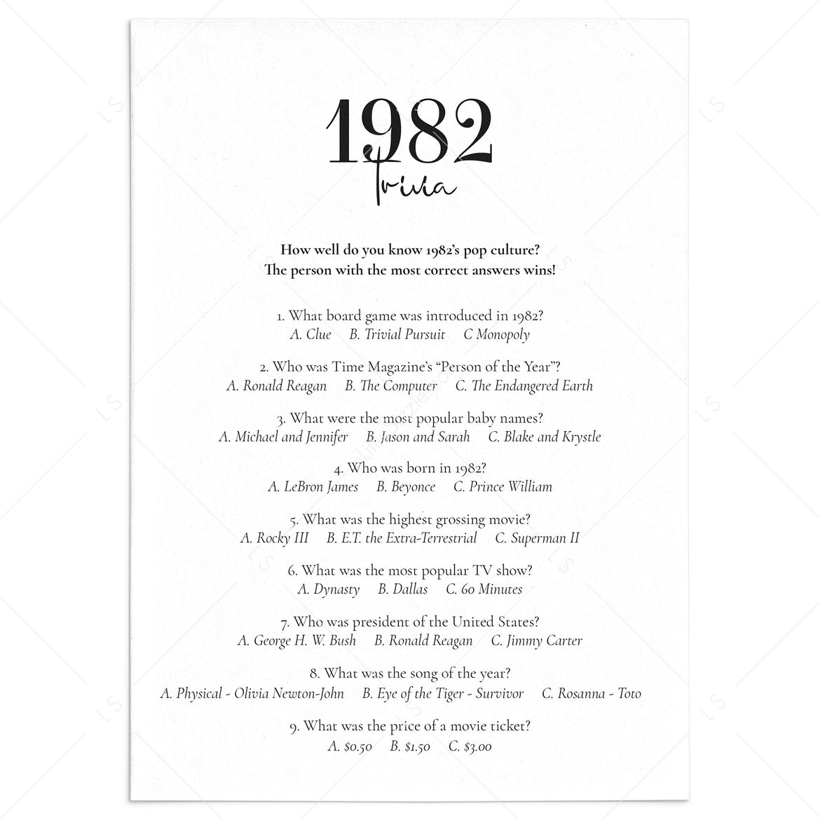 Pop Culture Trivia Games Printable 1953 | 1963 | 1973 | 1983 | 1993 ...