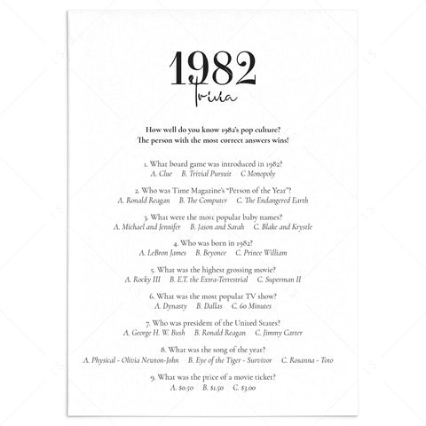 1982 Quiz Questions and Answers Printable | Instant Download – LittleSizzle