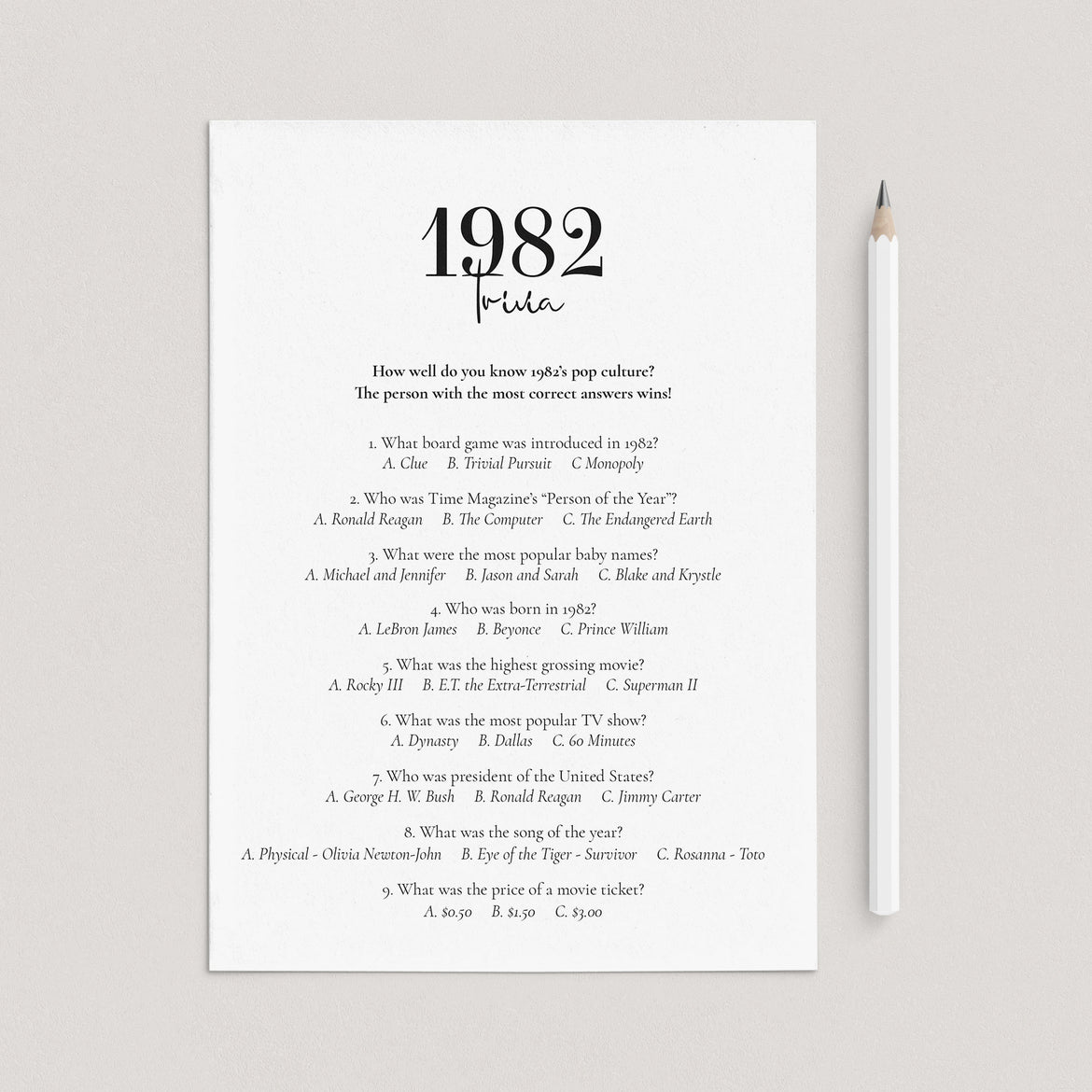 Pop Culture Trivia Games Printable 1953 | 1963 | 1973 | 1983 | 1993 ...