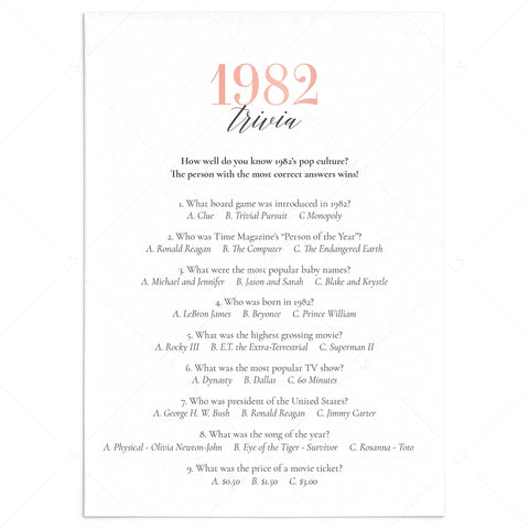 1982 Trivia Game with Answers Printable | Instant Download – LittleSizzle
