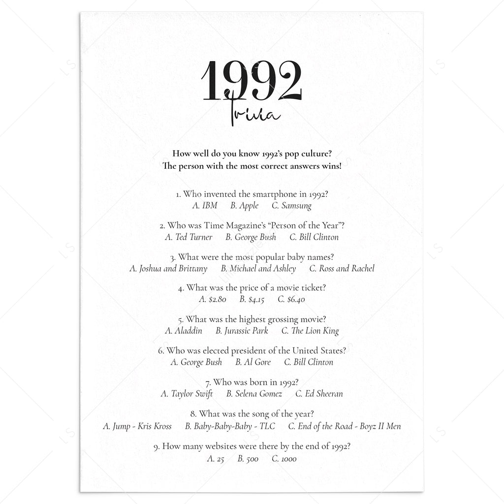 1992 Trivia Questions and Answers Printable | Instant Download ...