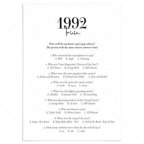 1992 Trivia Questions and Answers Printable | Instant Download ...