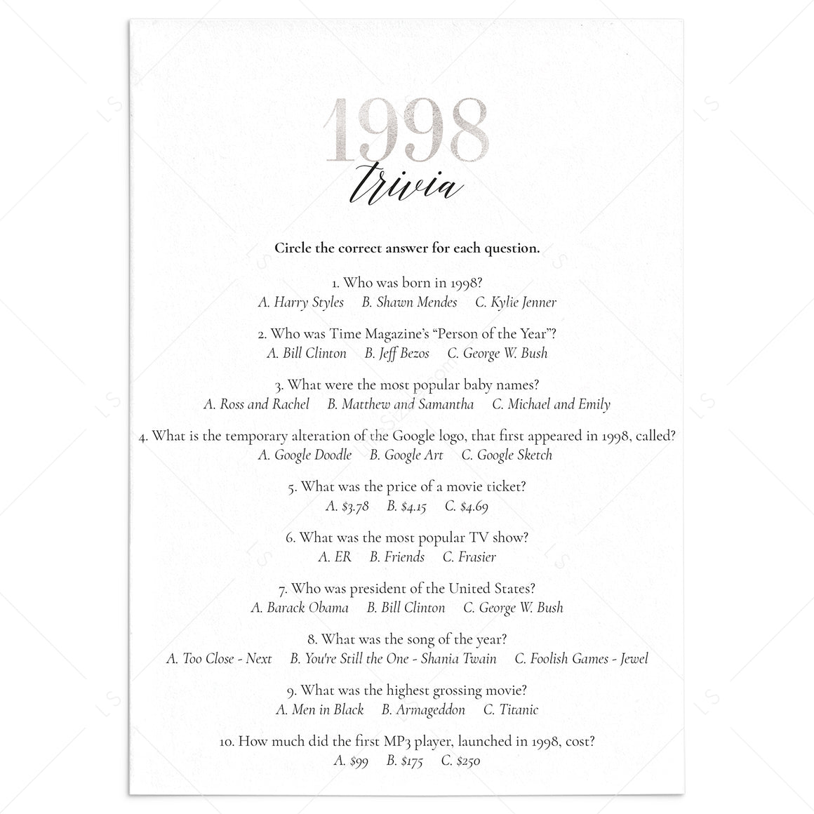 Pop Culture Trivia Games Printable 1953 | 1963 | 1973 | 1983 | 1993 ...