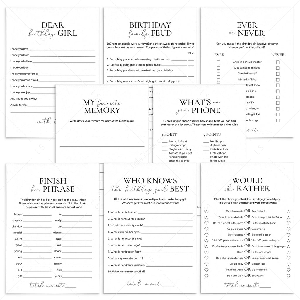 Minimalist Birthday Party Games For Her Printable Instant Download