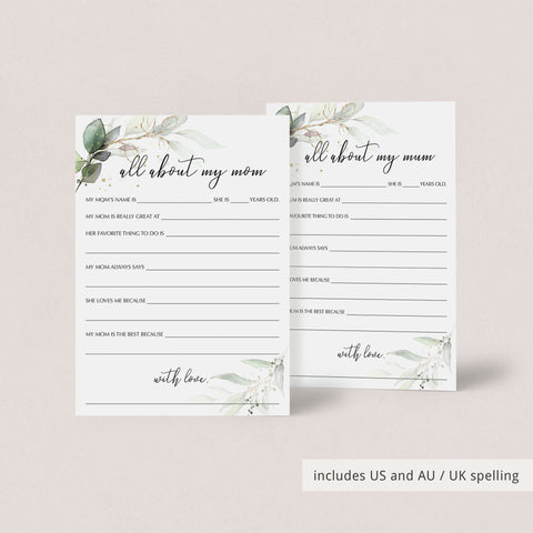 Printable Mother's Day Card All About My Mom | Last Minute Mother's Day ...