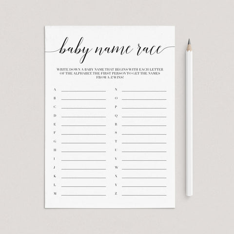 Alphabet Name Race Game for neutral baby shower printable | Kraft paper ...