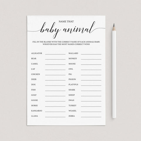 Name That Baby Animal baby shower game with calligraphy font | Instant ...