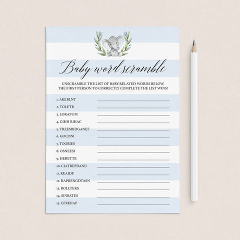 Elephant Baby Shower Word Scramble game for boy | Printable – LittleSizzle