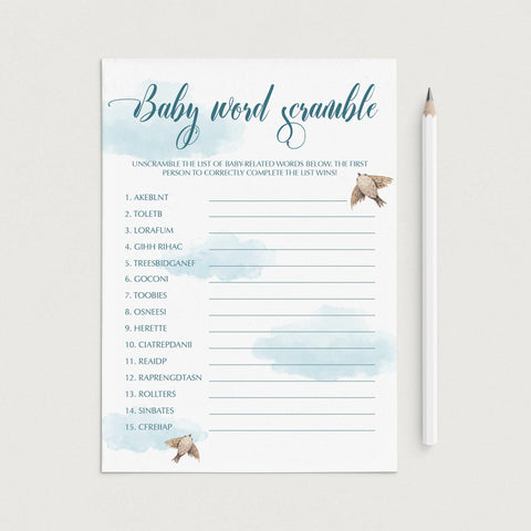 Blue baby shower games printables with watercolor clouds | Instant ...
