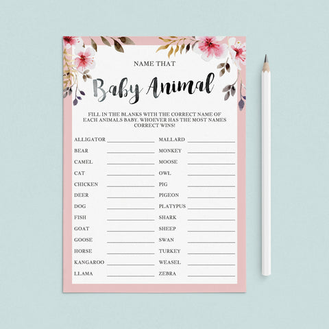Blush floral baby shower game Name That Baby Animal | Instant download ...