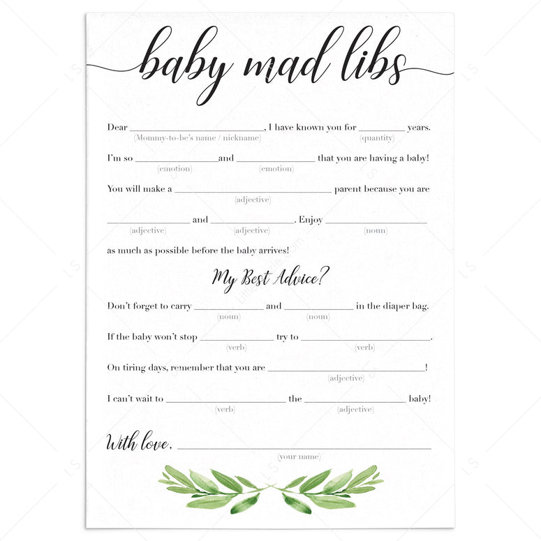 Printable Baby Mad Libs Baby Shower Advice Cards | Instant download ...