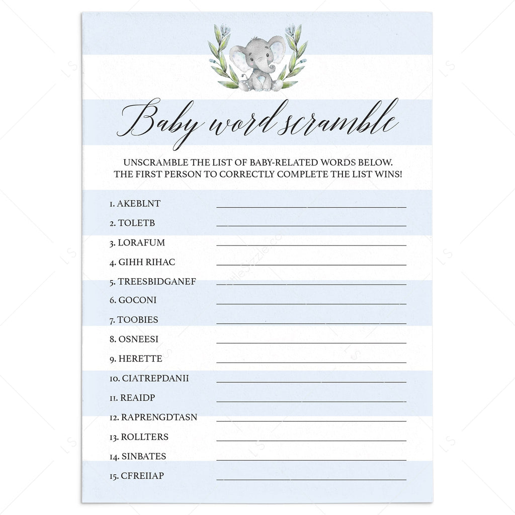 Elephant Baby Shower Word Scramble game for boy | Printable – LittleSizzle