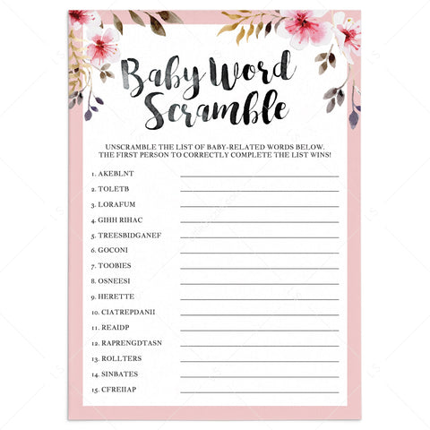 Scrambled Words Game for girl baby shower with Blush Flowers – LittleSizzle