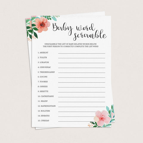 Baby Word Scramble Baby Shower Game Printable Floral Theme – LittleSizzle