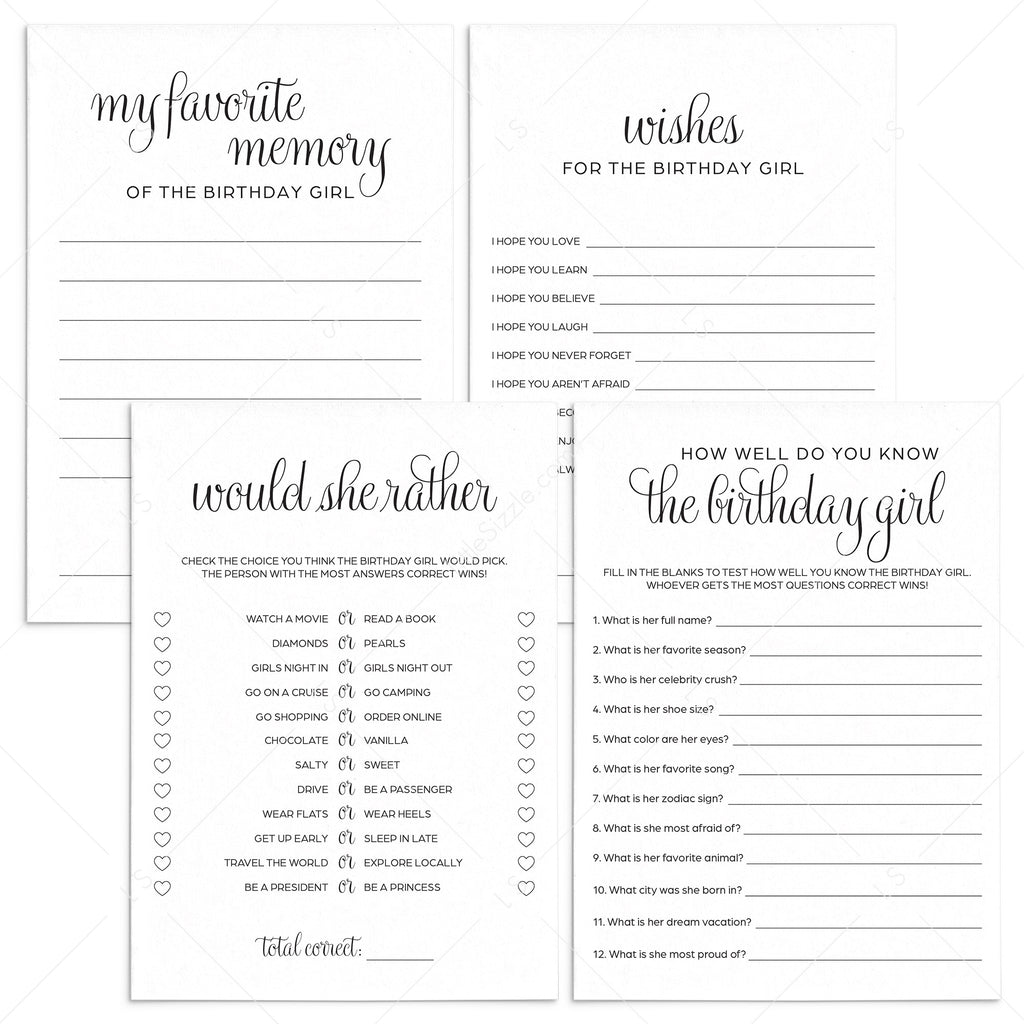 Elegant Girl Birthday Party Game Cards Bundle | Instant Download ...