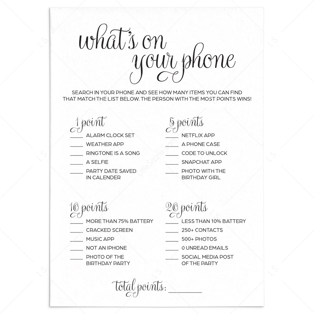 Funny Birthday Game What's On Your Phone Printable | Black & White ...