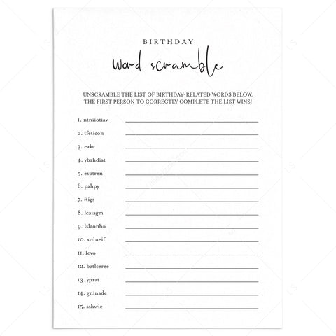 Word Scramble Birthday Game for All Ages Printable | Answer key ...