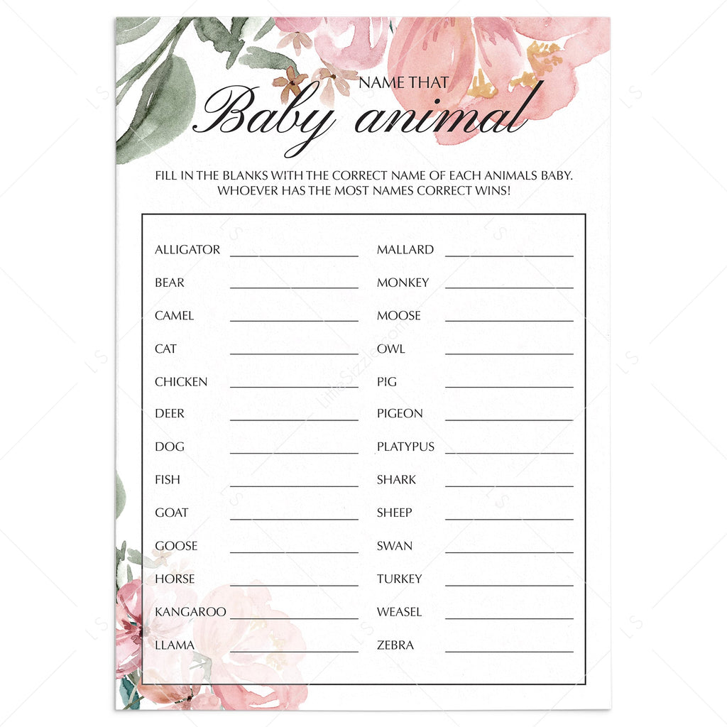 Name The Baby Animal Game for Baby Shower | Blush and Green – LittleSizzle