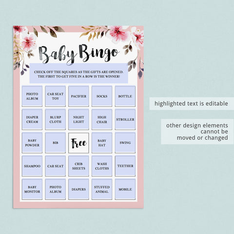 Printable baby girl shower Bingo Cards with pink flowers | Instant ...