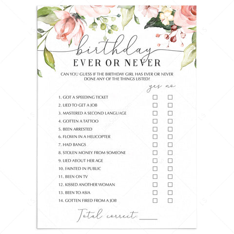 Ladies Birthday Party Game Ever or Never Printable | Blush Floral ...