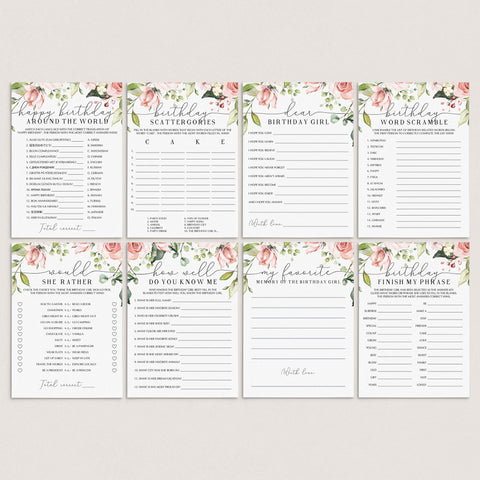 8 Blush Floral Birthday Party Games For Her Printable | Instant ...