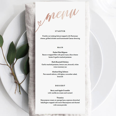 Rose Gold Menu Card Printable | Editable template | LittleSizzle