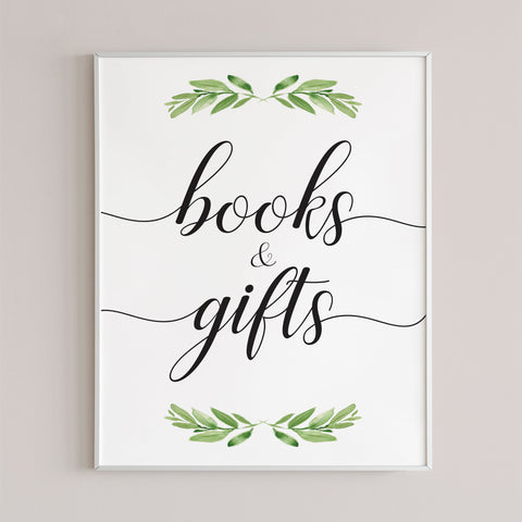 Printable Books & Gifts sign for greenery themed shower with watercolor ...