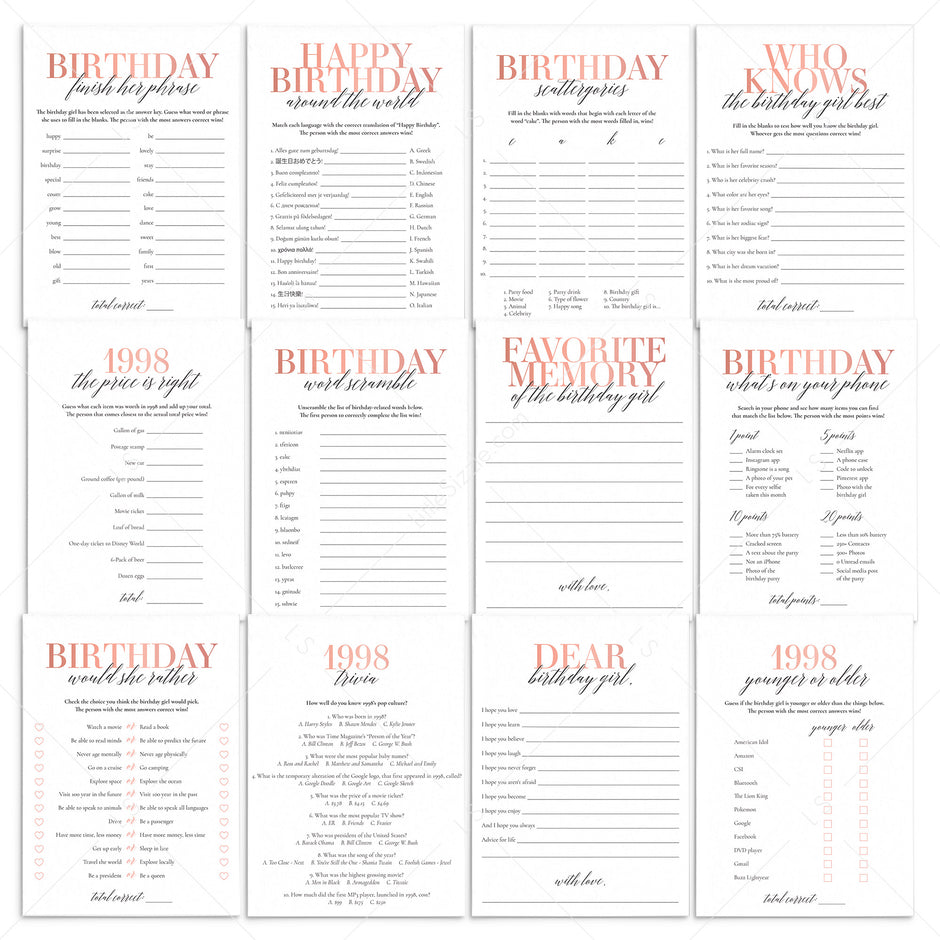 25th Birthday Games for Her Printable | 25th Birthday Party Ideas for ...