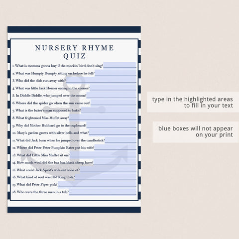 Nautical Baby Shower Nursery Rhyme Game | Printable and Fillable PDF ...