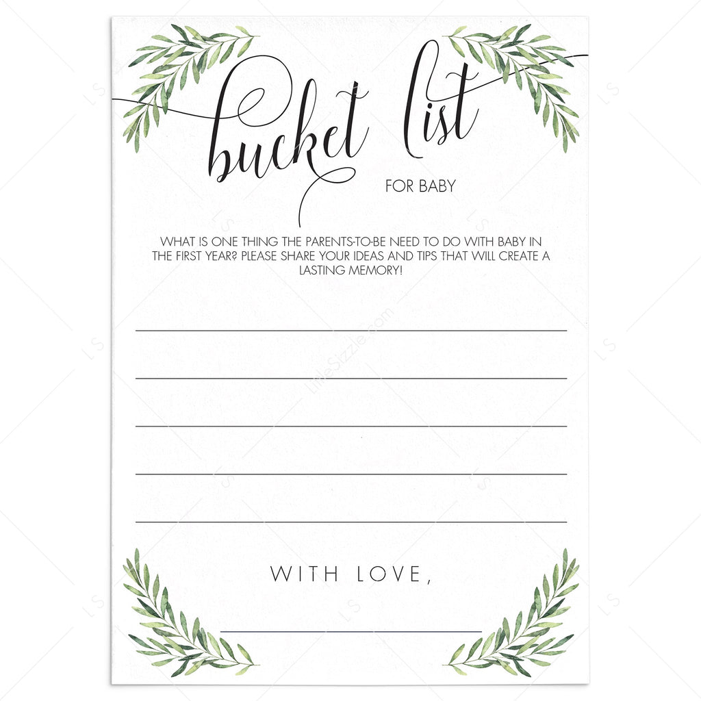 Greenery Bucket List for Baby Shower Game Printable – LittleSizzle