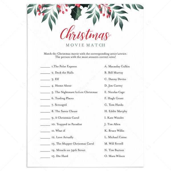 Holiday Game for Family Christmas Movie Match | Answer Key Included ...