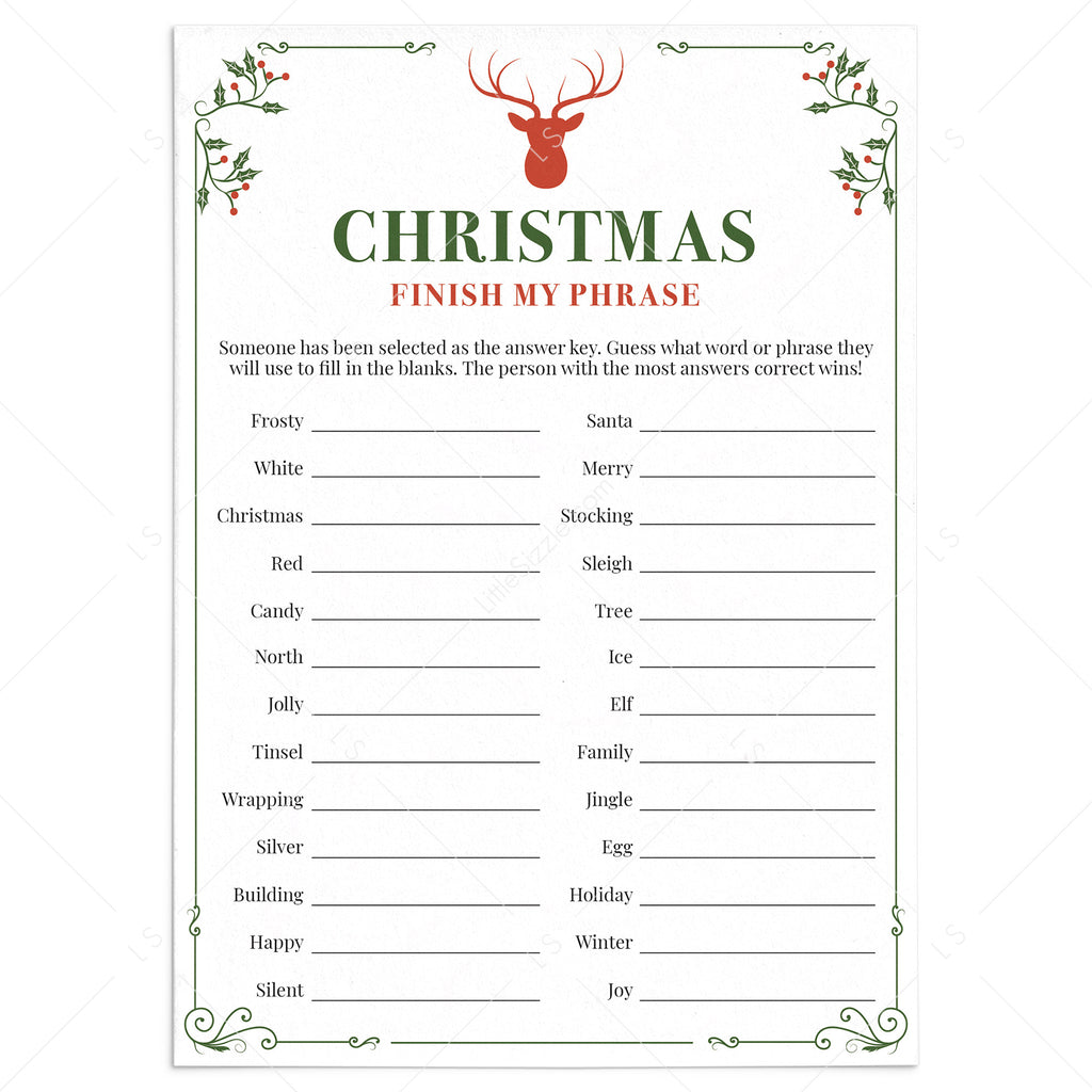 Kids Christmas Game Printable Finish My Phrase | Instant Download ...