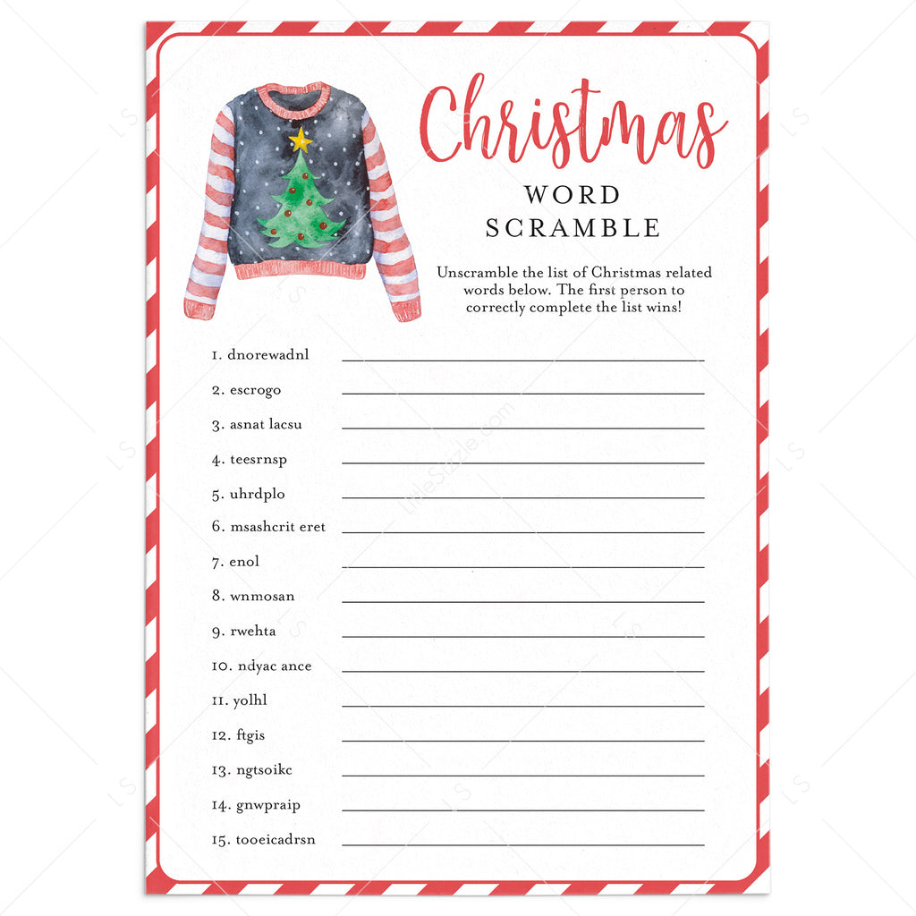 Word Scramble Game for Ugly Sweater Christmas Party | Printable ...