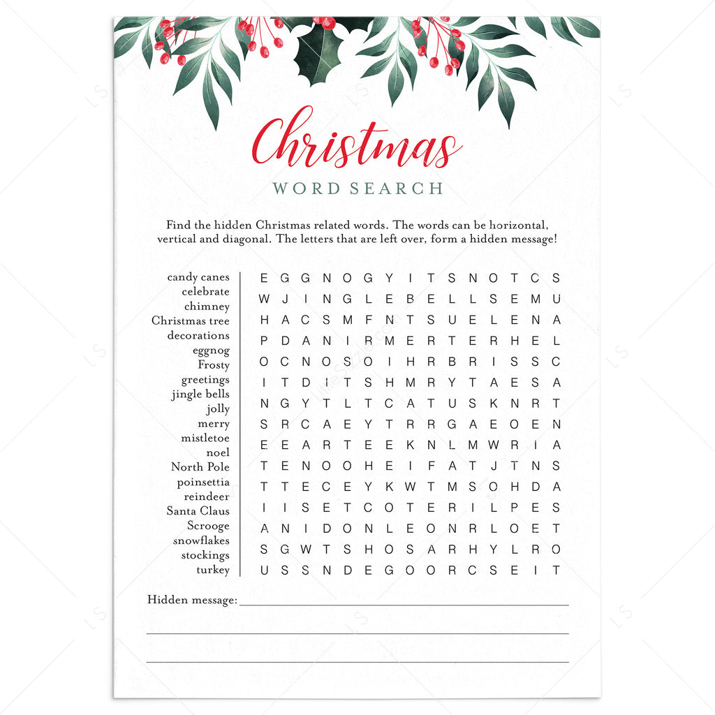 Greenery Christmas Word Search Game Printable | Answers Key Included ...