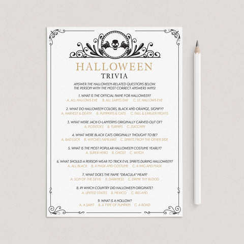 Black and Gold Halloween Trivia Printable | Answer Key Included ...