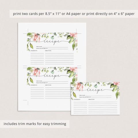 Printable Recipe Card with watercolor flowers | Instant download ...