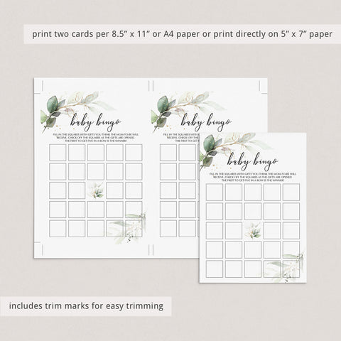 Baby Shower Bingo Cards Printable | Greenery and Gold Theme – LittleSizzle