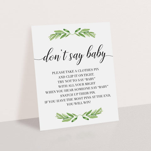 Don't Say Baby game sign for gender neutral baby shower with green ...