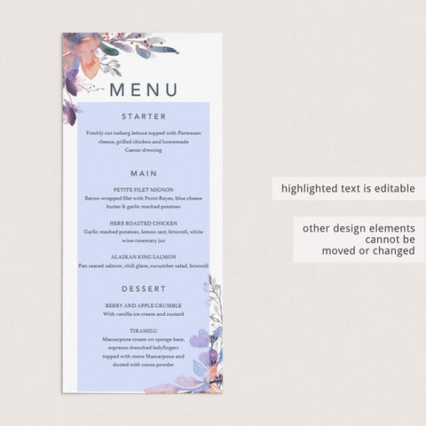 DIY Floral menu card template with purple flowers | Instant download ...