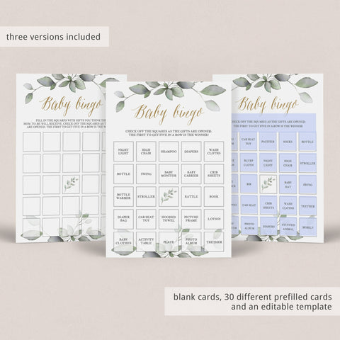 Gold And Greenery Baby Shower Bingo Cards | 30 Prefilled Cards Included ...