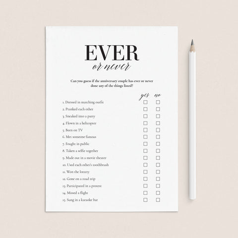 Wedding Anniversary Party Game Ever or Never Printable – LittleSizzle