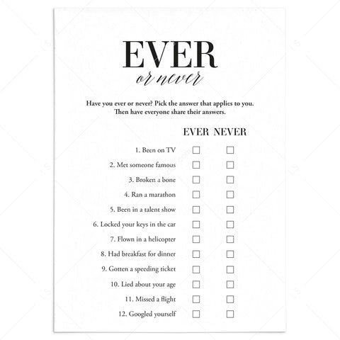 Ever or Never Icebreaker Game Conversation Starter Printable | Never ...
