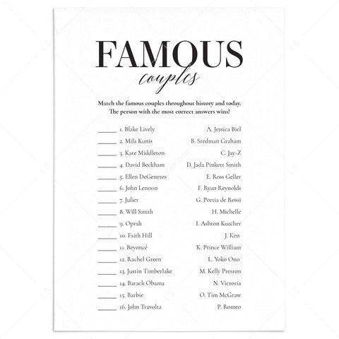 Famous Couples Game with Answer Key Printable | Match The Celebrity ...
