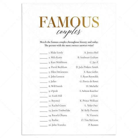 Gold Celebrity Couples Match Game with Answers Printable – LittleSizzle
