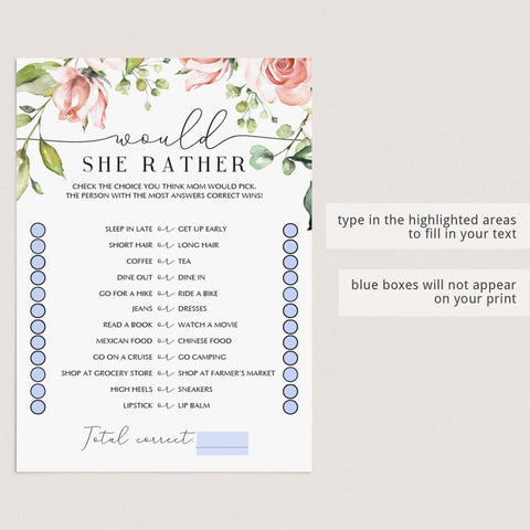 (Virtual) Mother's Day Game Would She Rather | Instant Download ...