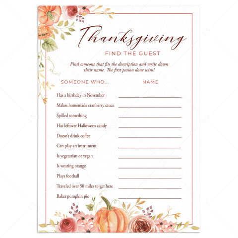 Thanksgiving Find The Guest Game Card Printable | Dinner Party Ideas ...