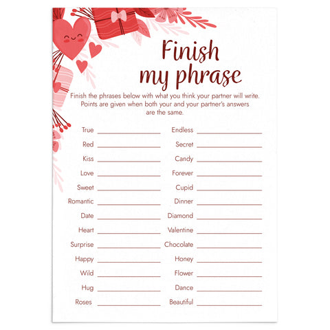 Finish My Phrase Game for Couples Printable | Instant Download ...
